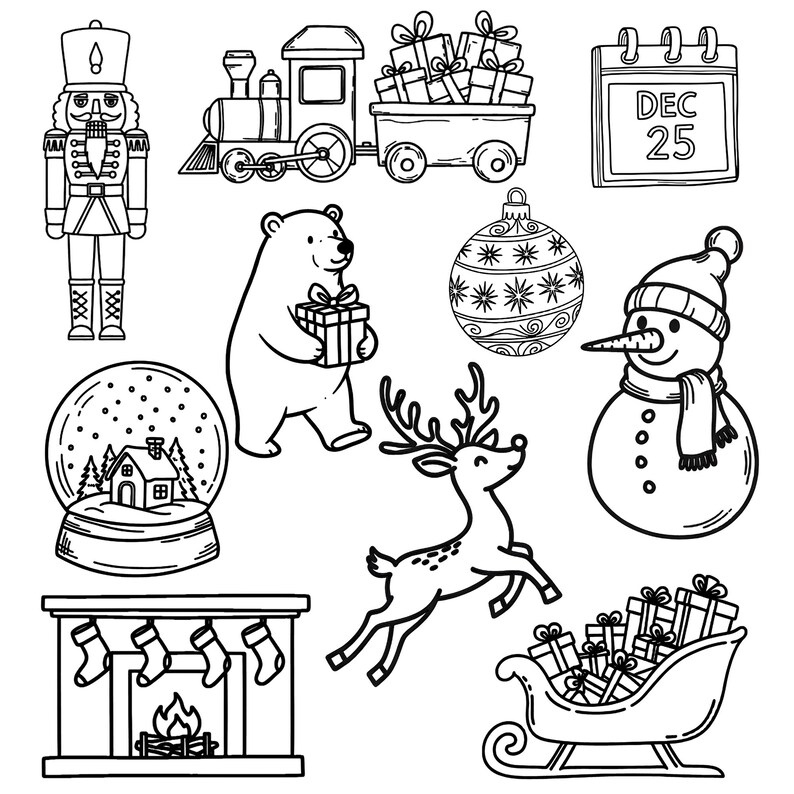 Christmas Doodle Clipart Bundle: 100 Line Art Designs in 3 Colors ...