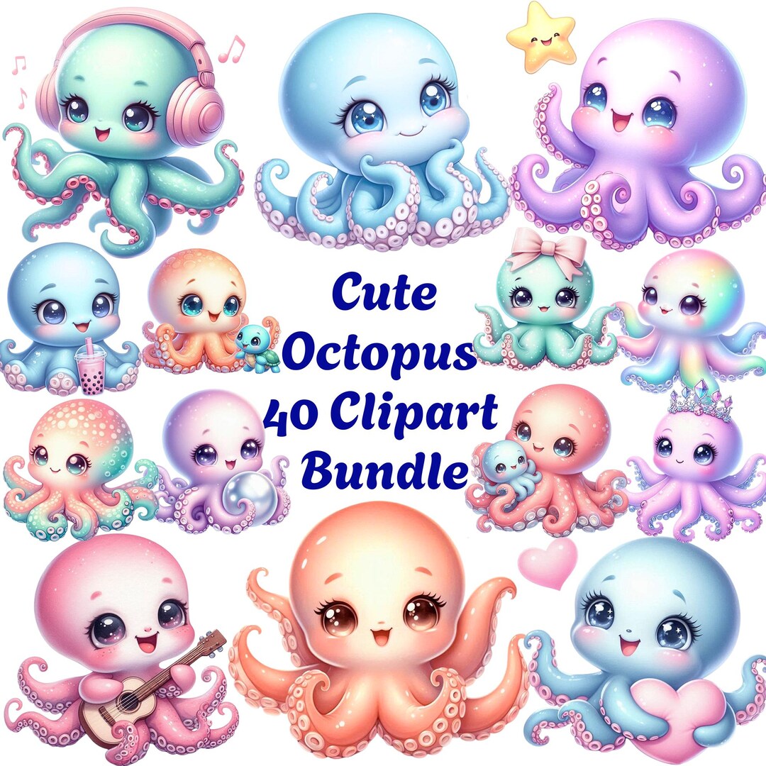 Octopus Clipart Bundle: 40 Watercolor Pastel Baby Octopus PNG (digital ...