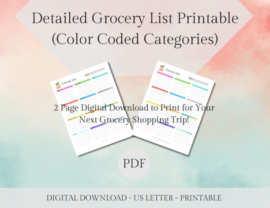 Detailed Color Coded Grocery List Printable With Departments & - Etsy
