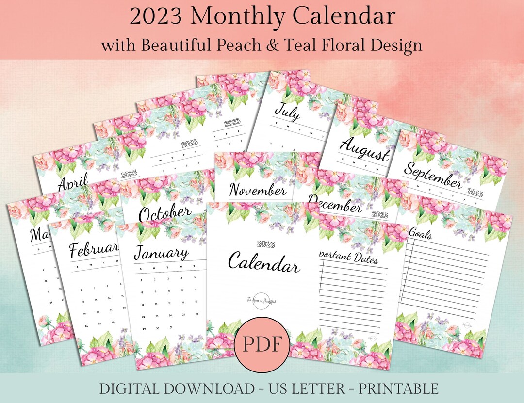2023 Monthly Calendar Peach & Teal Floral Design Printable - Etsy