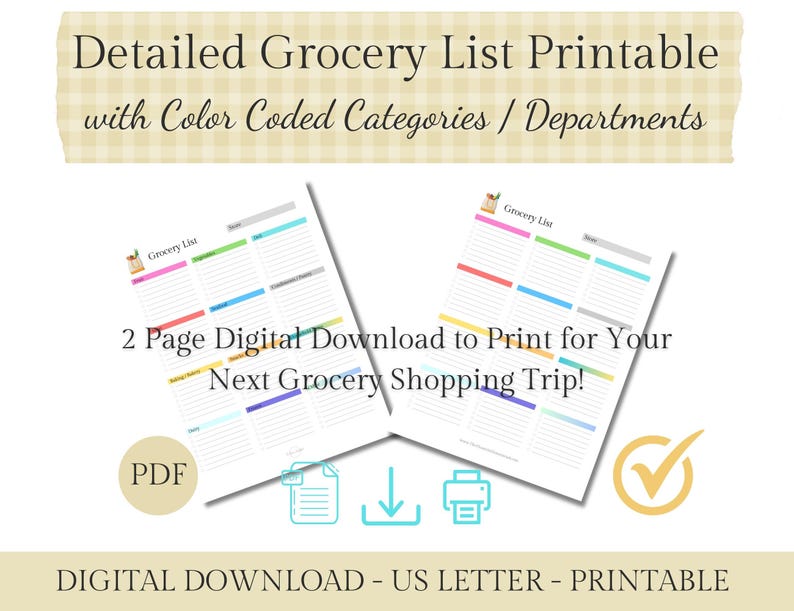 Detailed Color Coded Grocery List Printable With Departments & Blank ...
