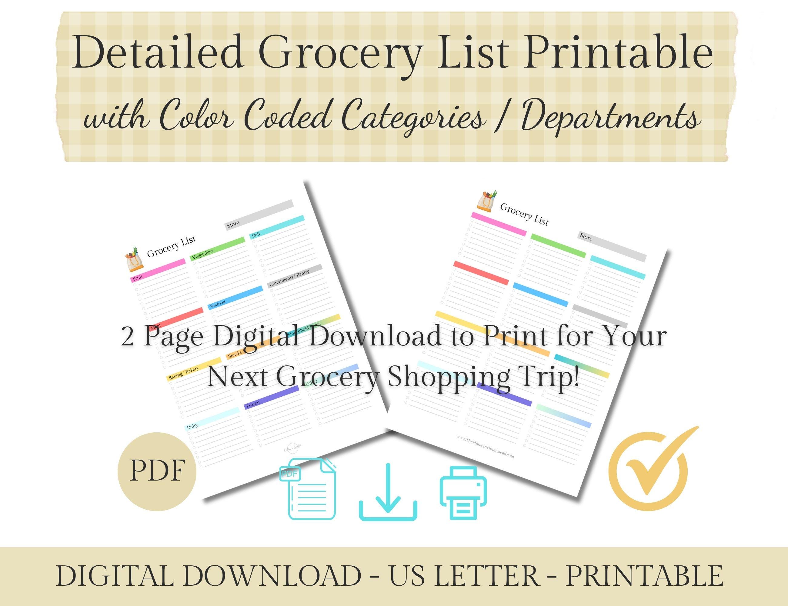 Detailed Color Coded Grocery List Printable With Departments & Blank ...