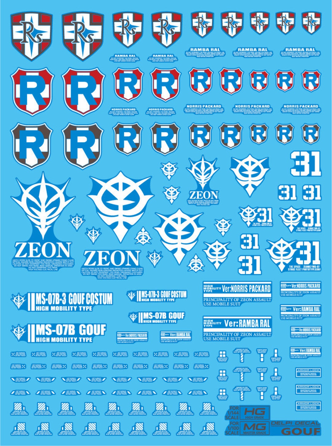 Delpi Decal HG/RG/MG Gouf / Gouf Custom General Use Water Slide Decal ...