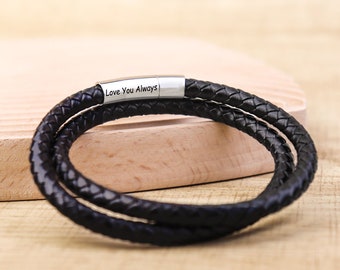 Men's Personalised Leather Bracelet With Matt Black Clasp Engraved ...