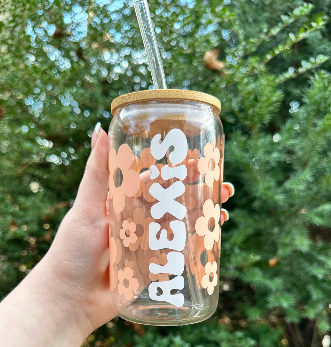 Glass Cups With Lid and Straw, Flower Glass Cups, Floral Glass Coffee ...