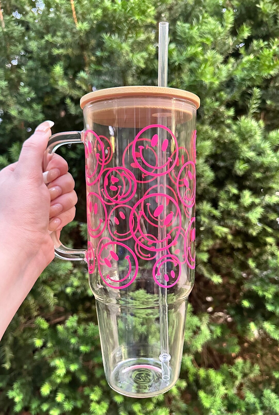 40oz Glass Cups With Lid Straw, Smiley Glass Cups, Checker Glass Coffee ...
