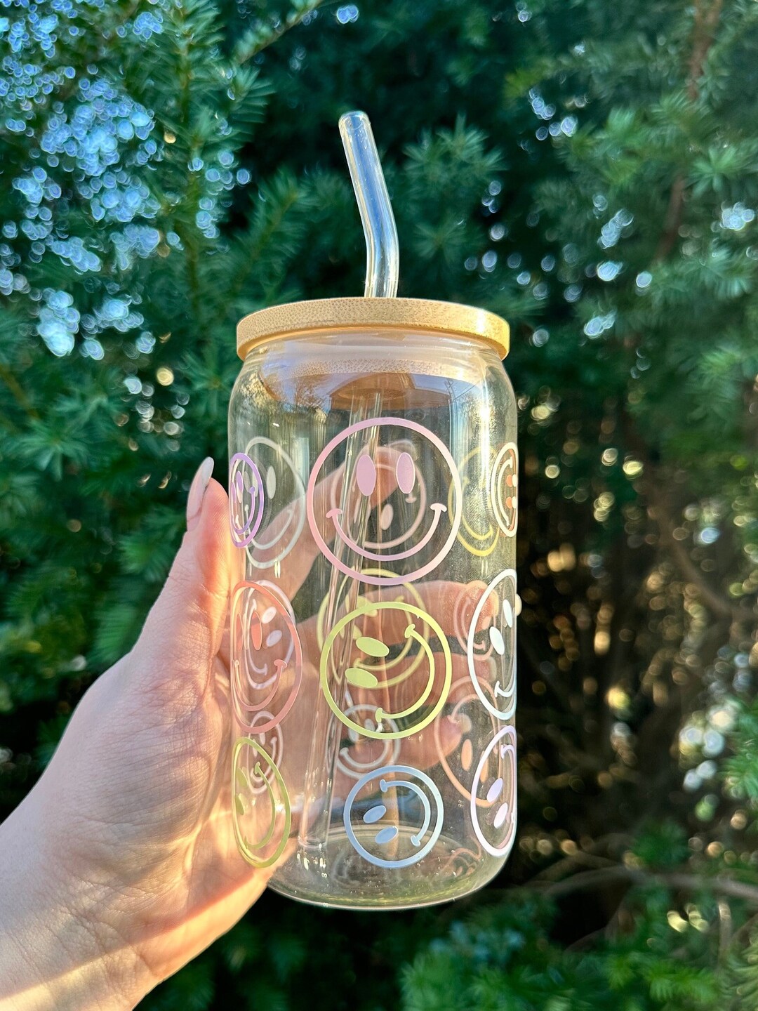 Glass Cups With Lid and Straw, Smiley Glass Cups, Checker Glass Coffee ...