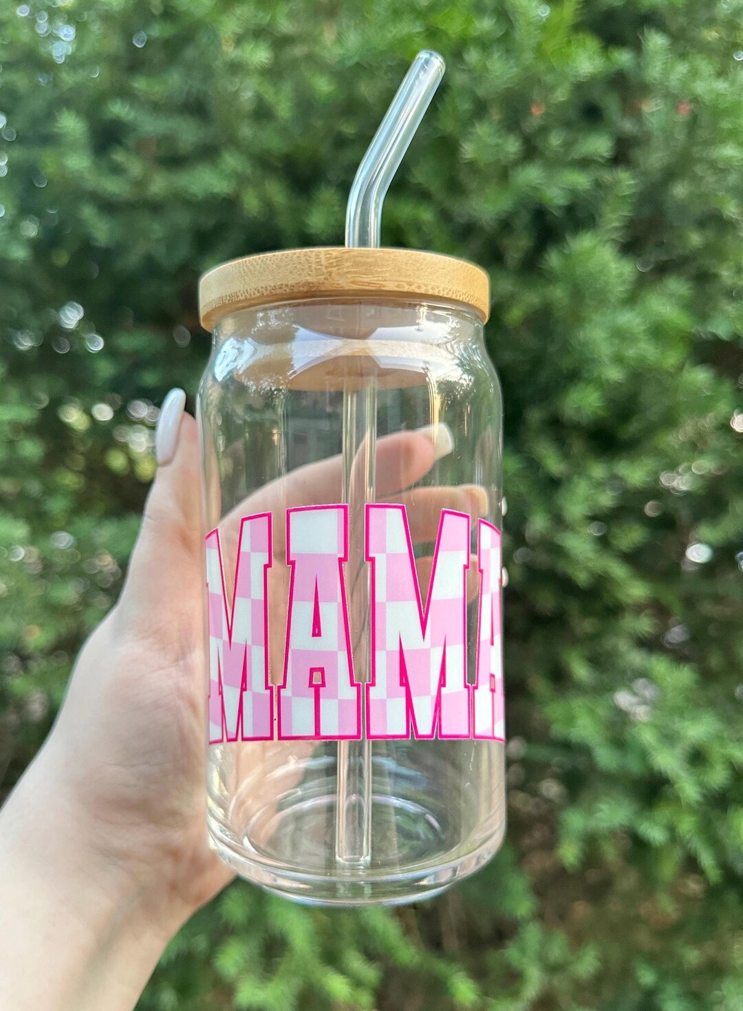 Mama Checkered Iced Coffee Cup Smiley Glass Cups, Checker Glass Coffee ...