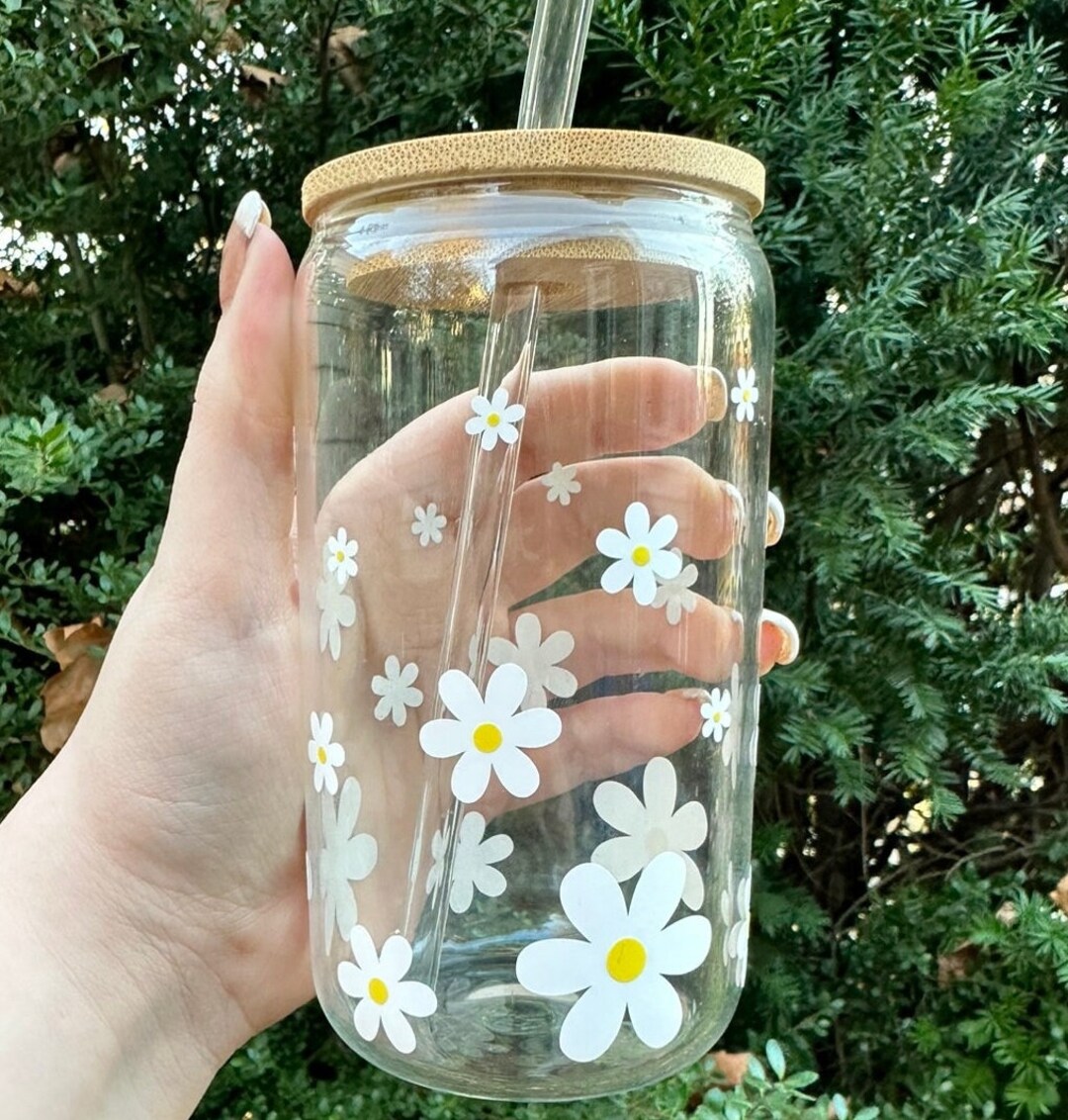 Glass Cups With Lid and Straw, Flower Glass Cups, Floral Glass Coffee ...