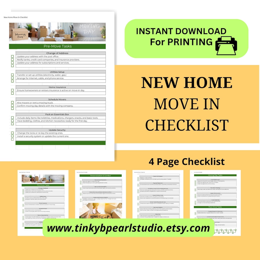 Ultimate New Home Move-in Checklist 4-page Printable Guide for a Stress ...