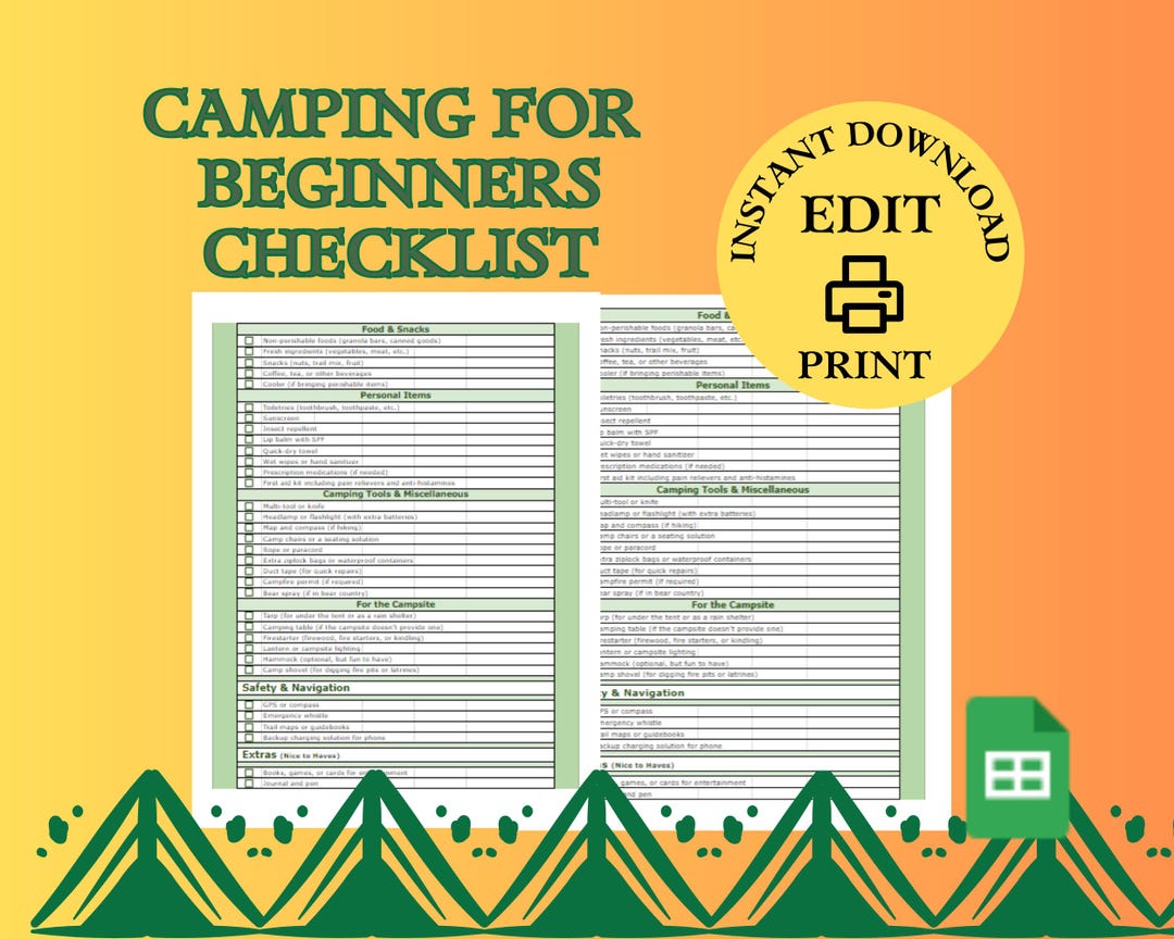 Camping for Beginners Checklist Be Prepared Easy Google Sheet Download ...