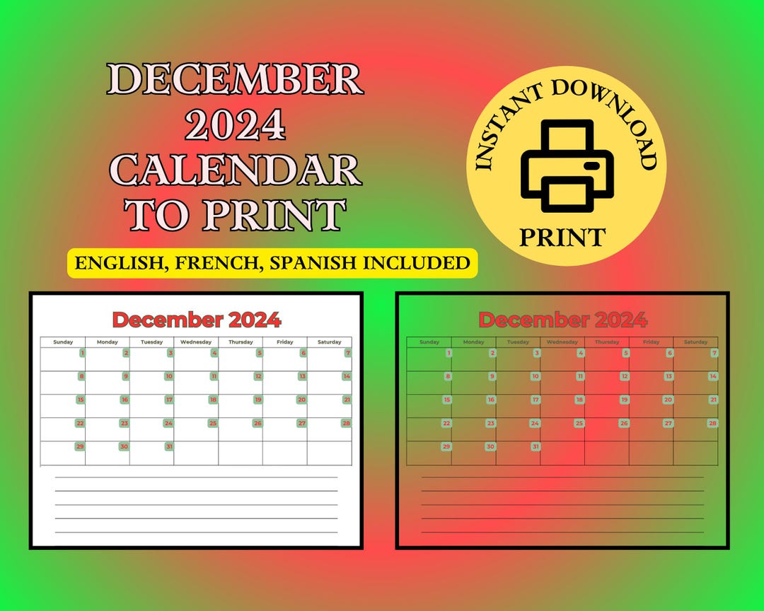 December 2024 Printable English and French Versions in White Background ...