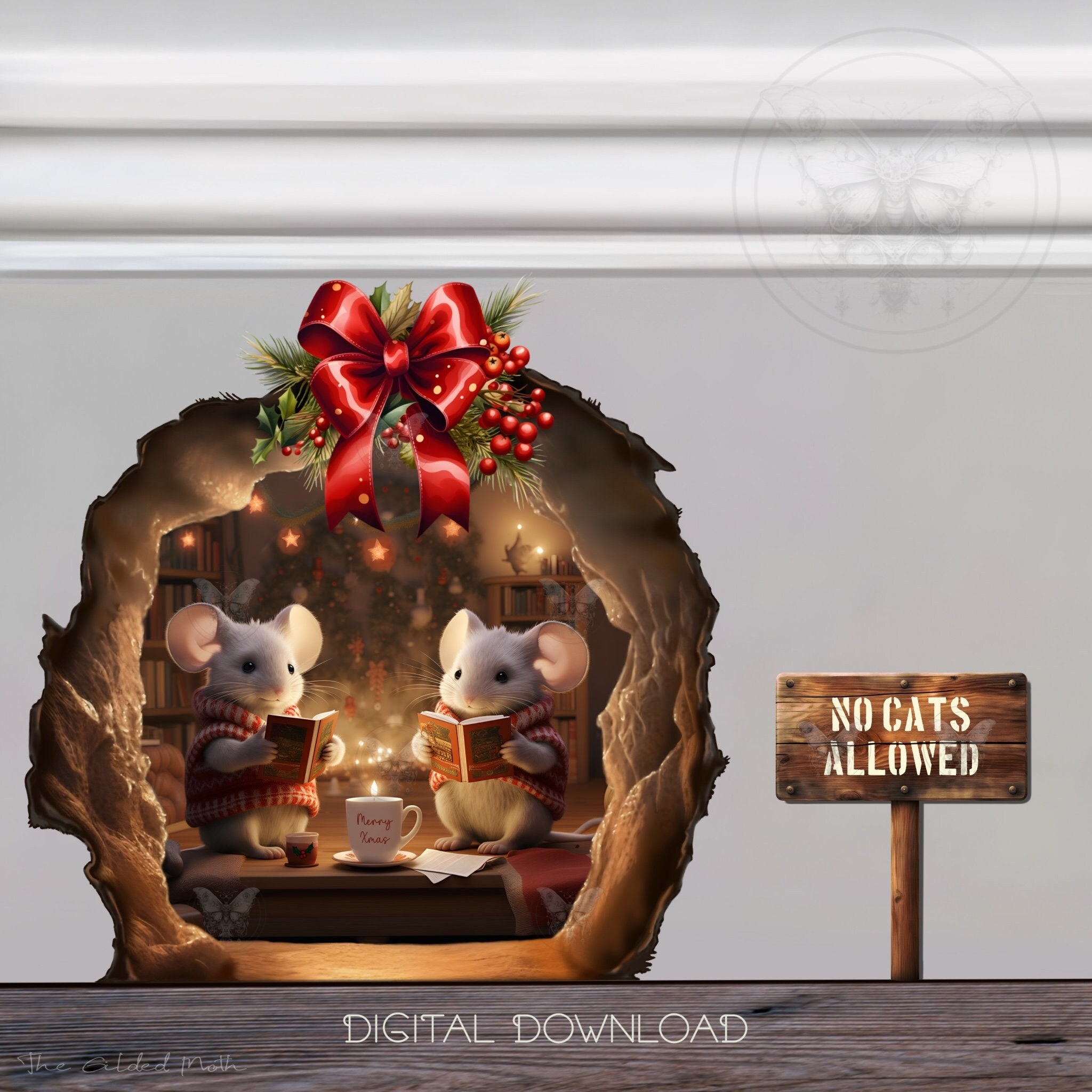 2 X Christmas Mouse Hole 3D Wall Sticker PNG, Book Lover, Mouse Reading ...