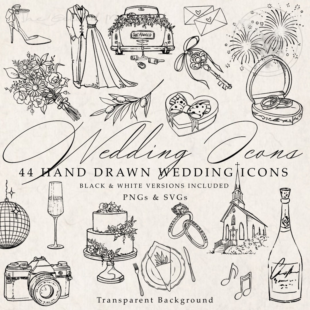 44 Hand Drawn Wedding Icon Graphics Bundle, Black and White Png Options ...