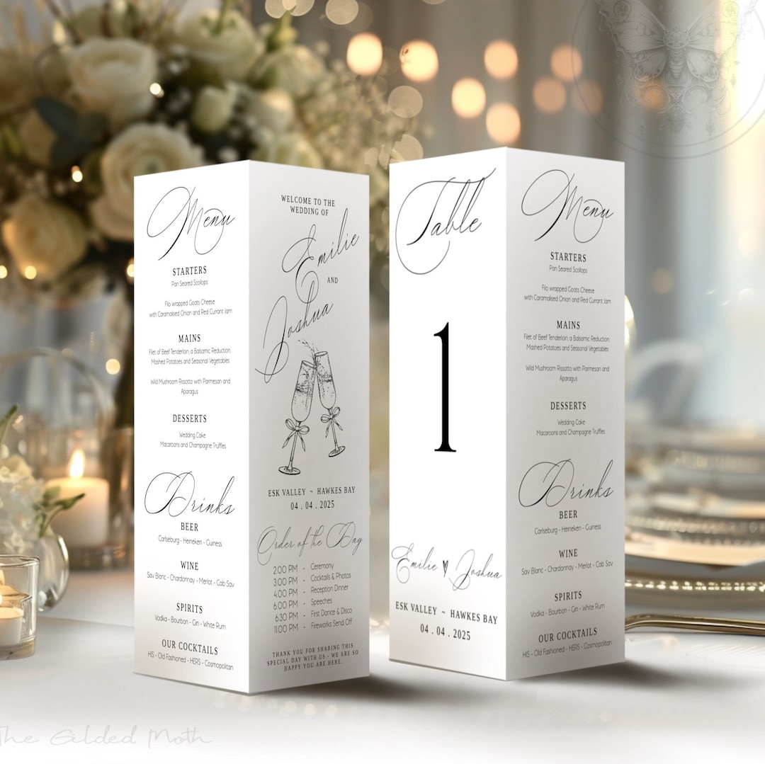 Tri-fold Table Number Menu Triangle Stand, Elegant Custom Wedding Menu ...
