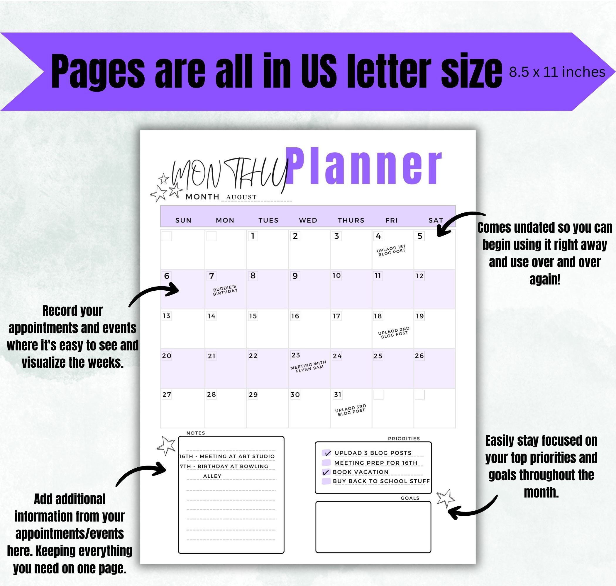 Printable Undated Monthly Calendar, Month at a Glance, US Letter Size ...