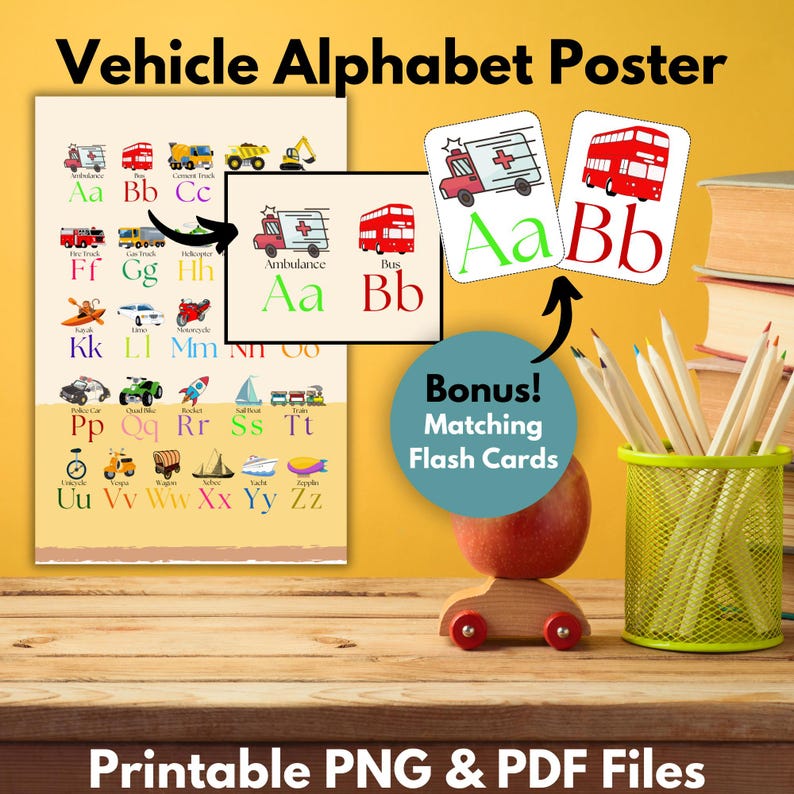 Alphabet Poster and Flash Cards | A-Z Vehicle Transportation Chart for ...