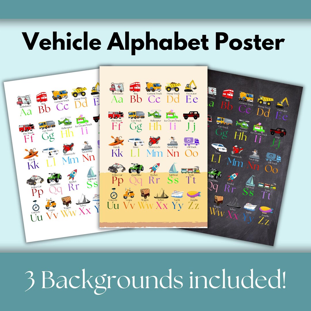 Alphabet Poster and Flash Cards | A-Z Vehicle Transportation Chart for ...