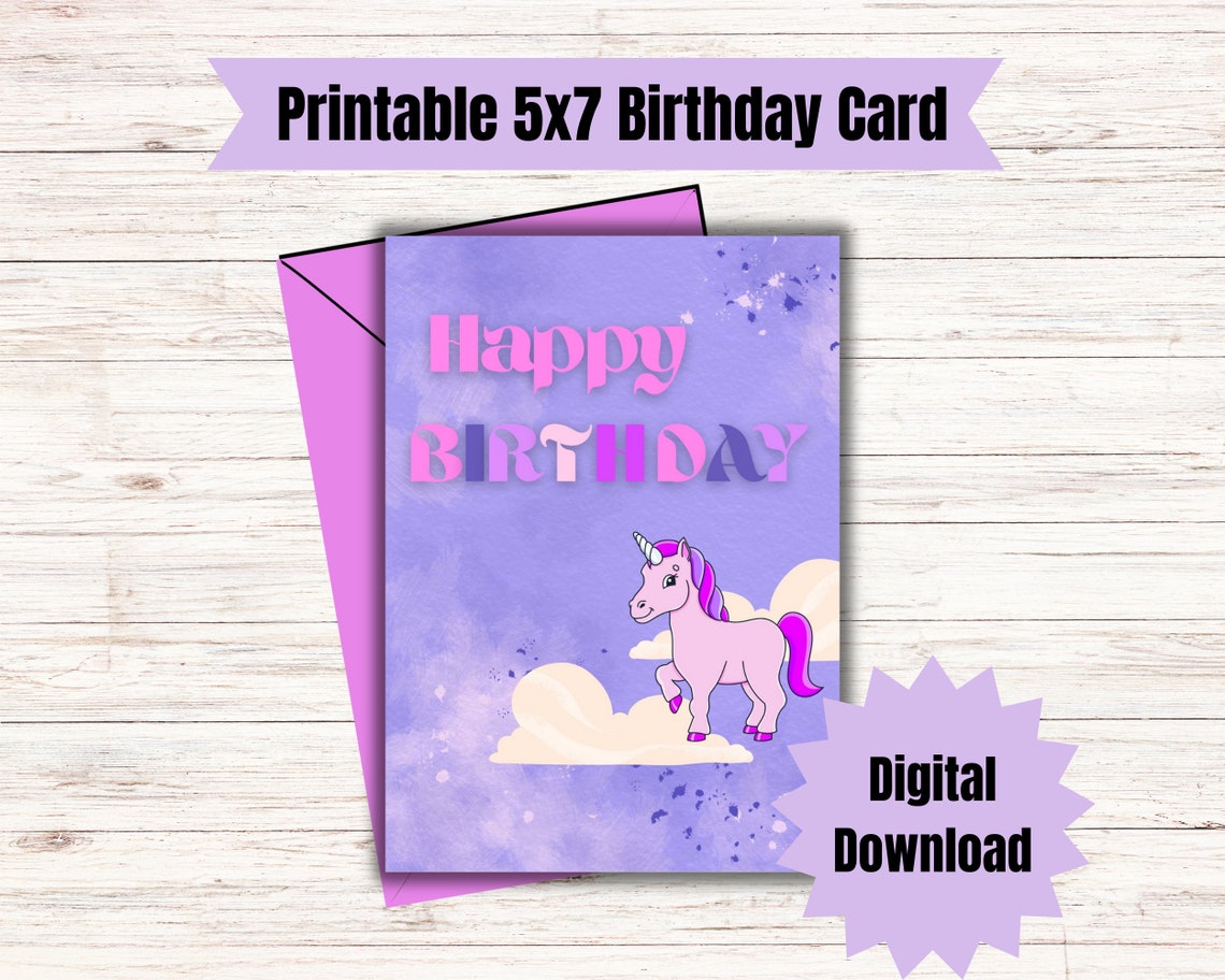 Printable Kids Unicorn Birthday Card, Happy Birthday Card, Digital ...