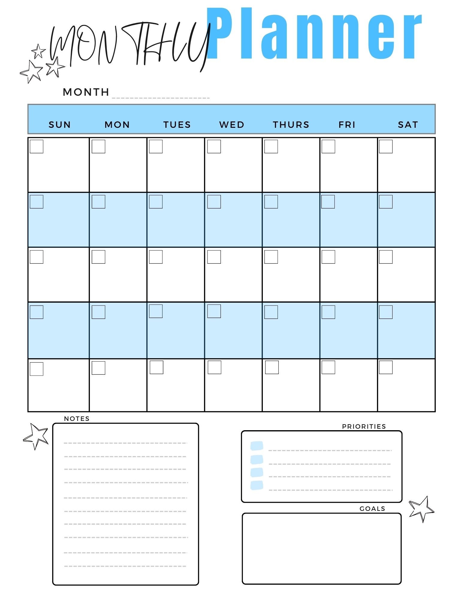 Printable Undated Monthly Calendar, Month at a Glance, US Letter Size ...