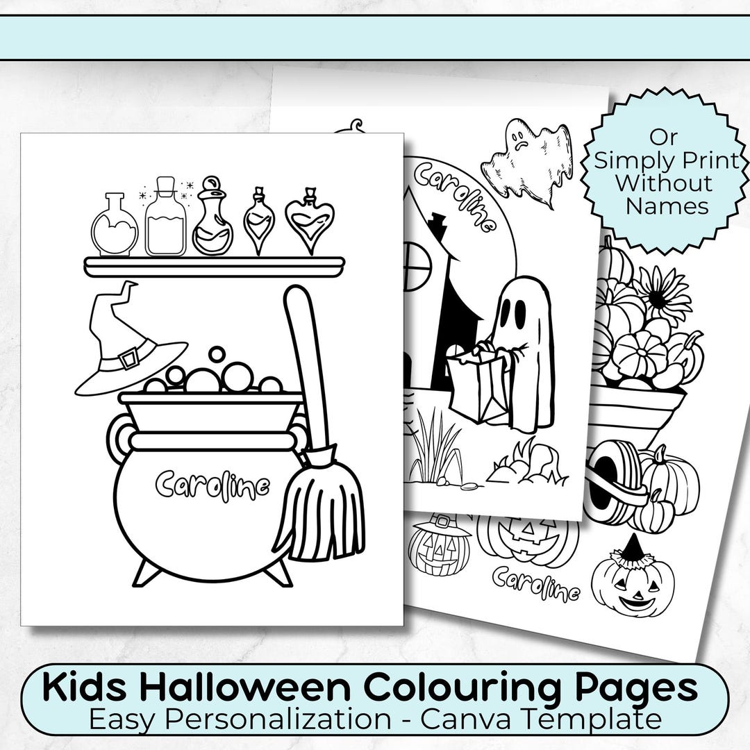 Editable Halloween Coloring Pages With Child's Name Canva Template ...