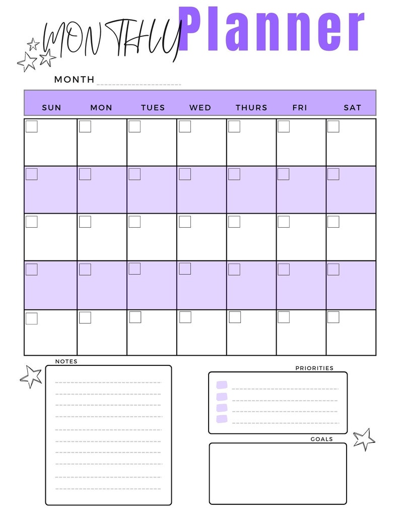 Printable Undated Monthly Calendar Month at a Glance US - Etsy