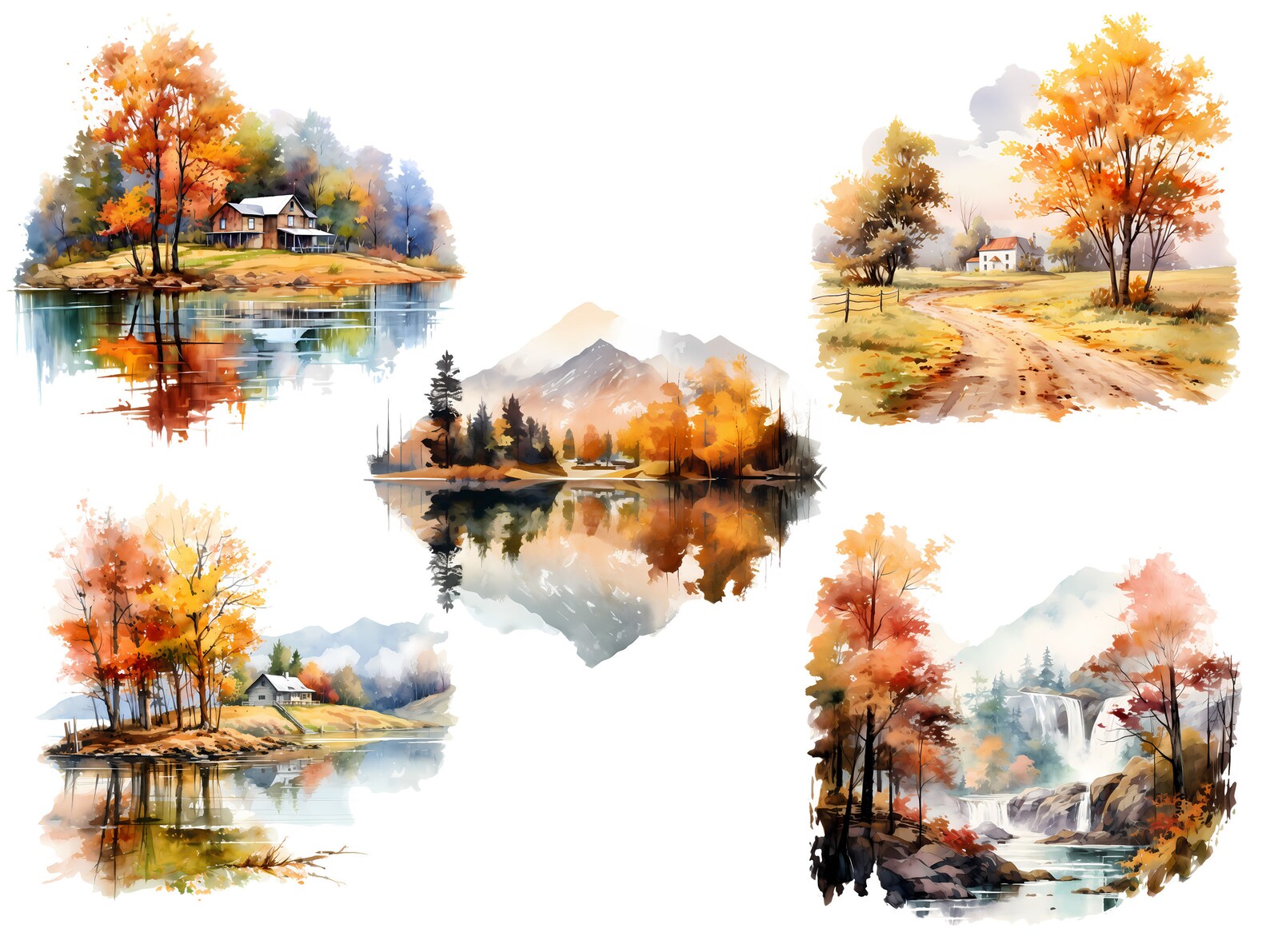 Autumn Scenes Watercolor Clipart, Fall Clip Art, PNG Files, Instant ...