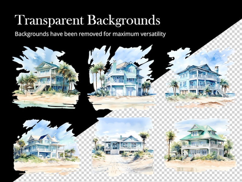 Watercolor Beach House Clip Art, Ocean, PNG Files, Instant Download for ...
