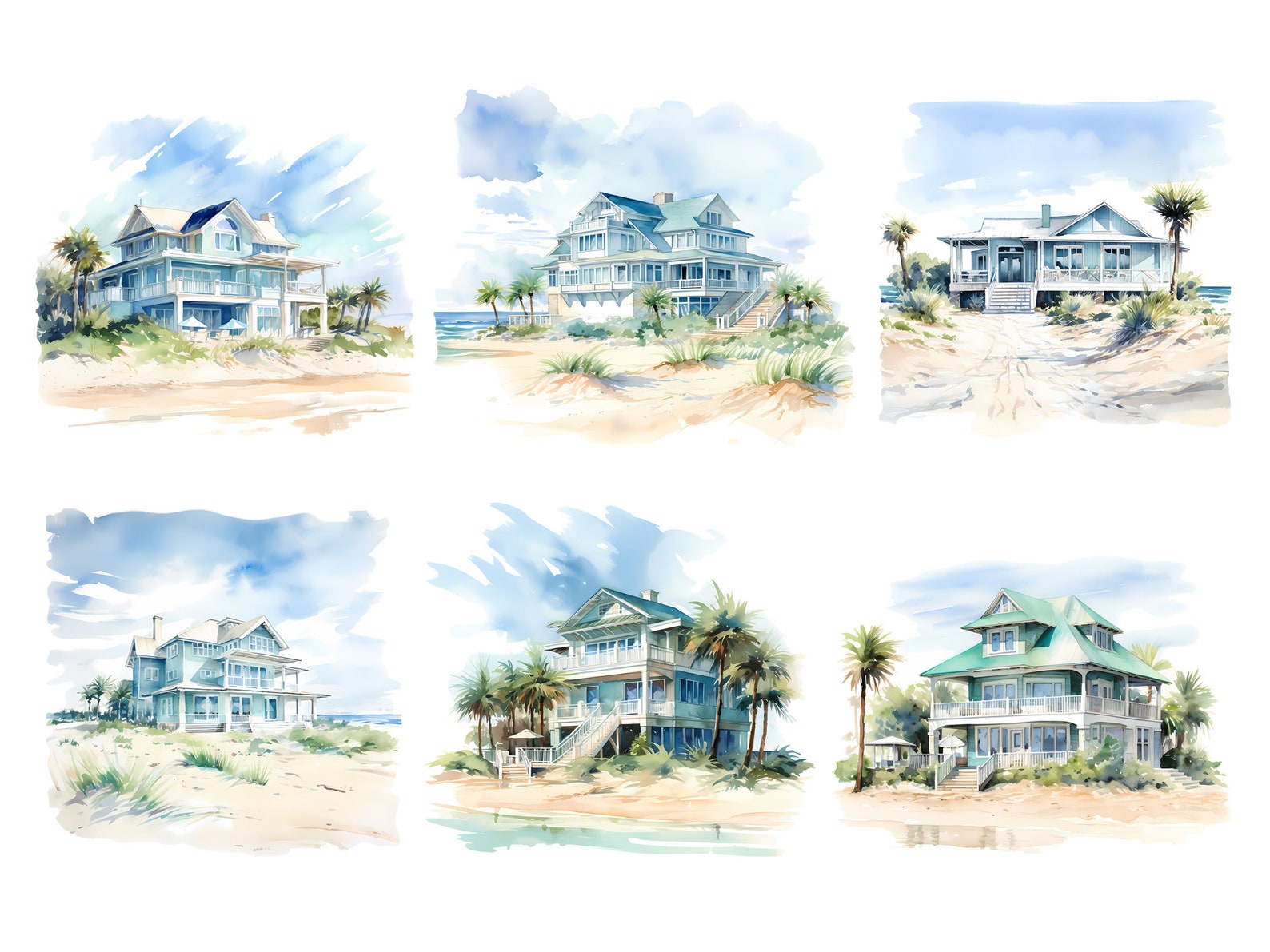 Watercolor Beach House Clip Art, Ocean, PNG Files, Instant Download for ...