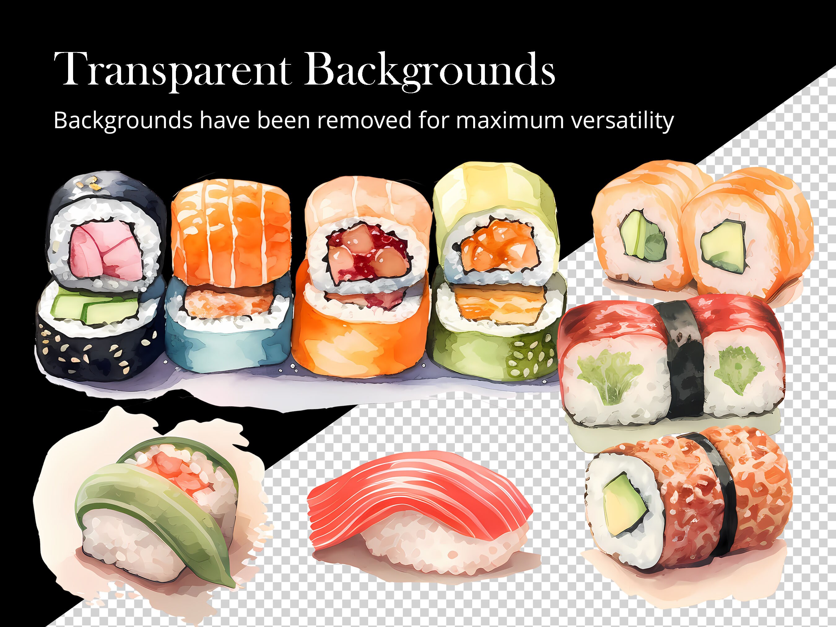 Sushi Clipart, Watercolor Clip Art, Instant PNG Downloads for ...