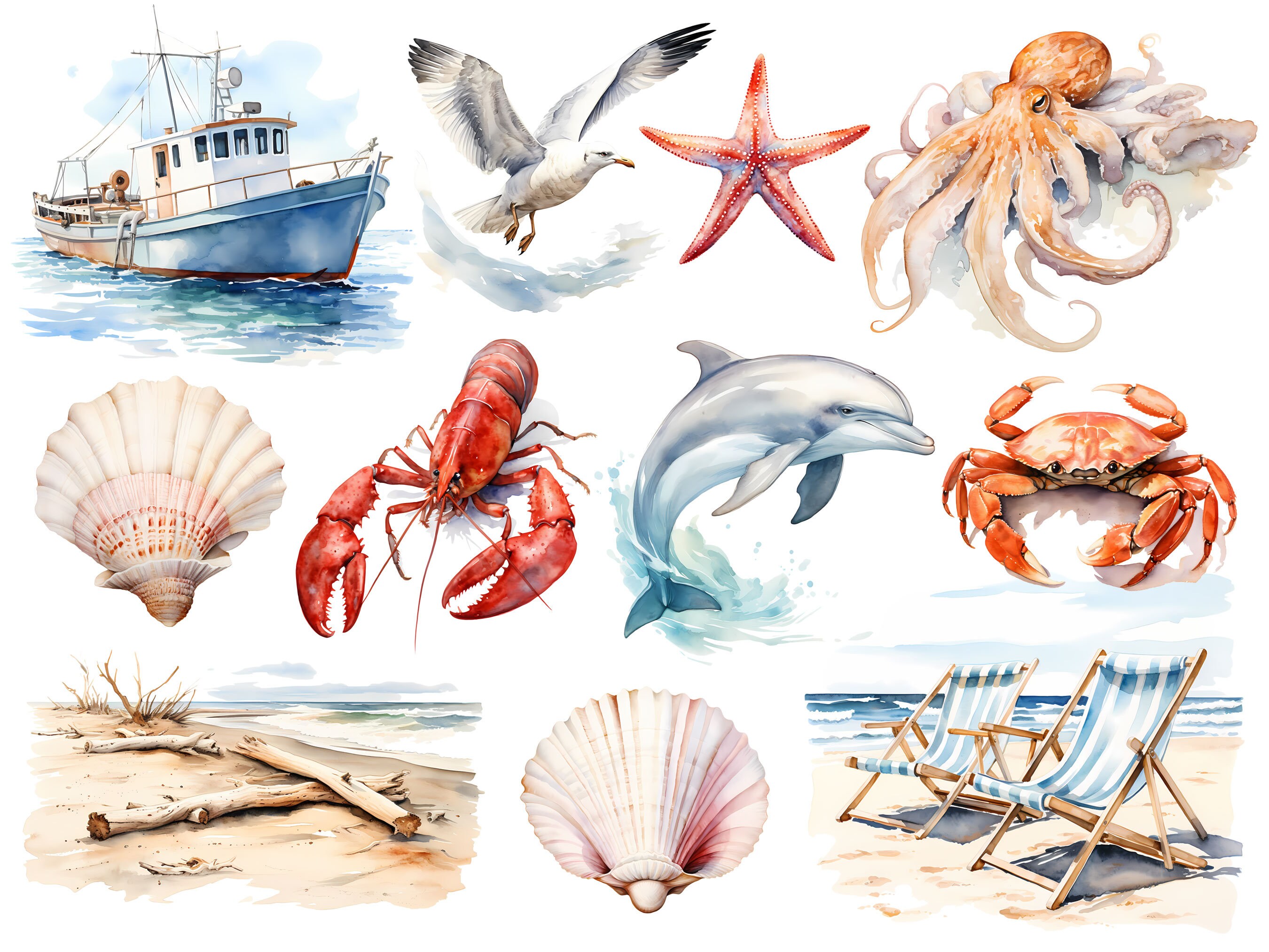 Beach Clipart, Coastal Clipart, Watercolor Style PNG Files, Instant ...