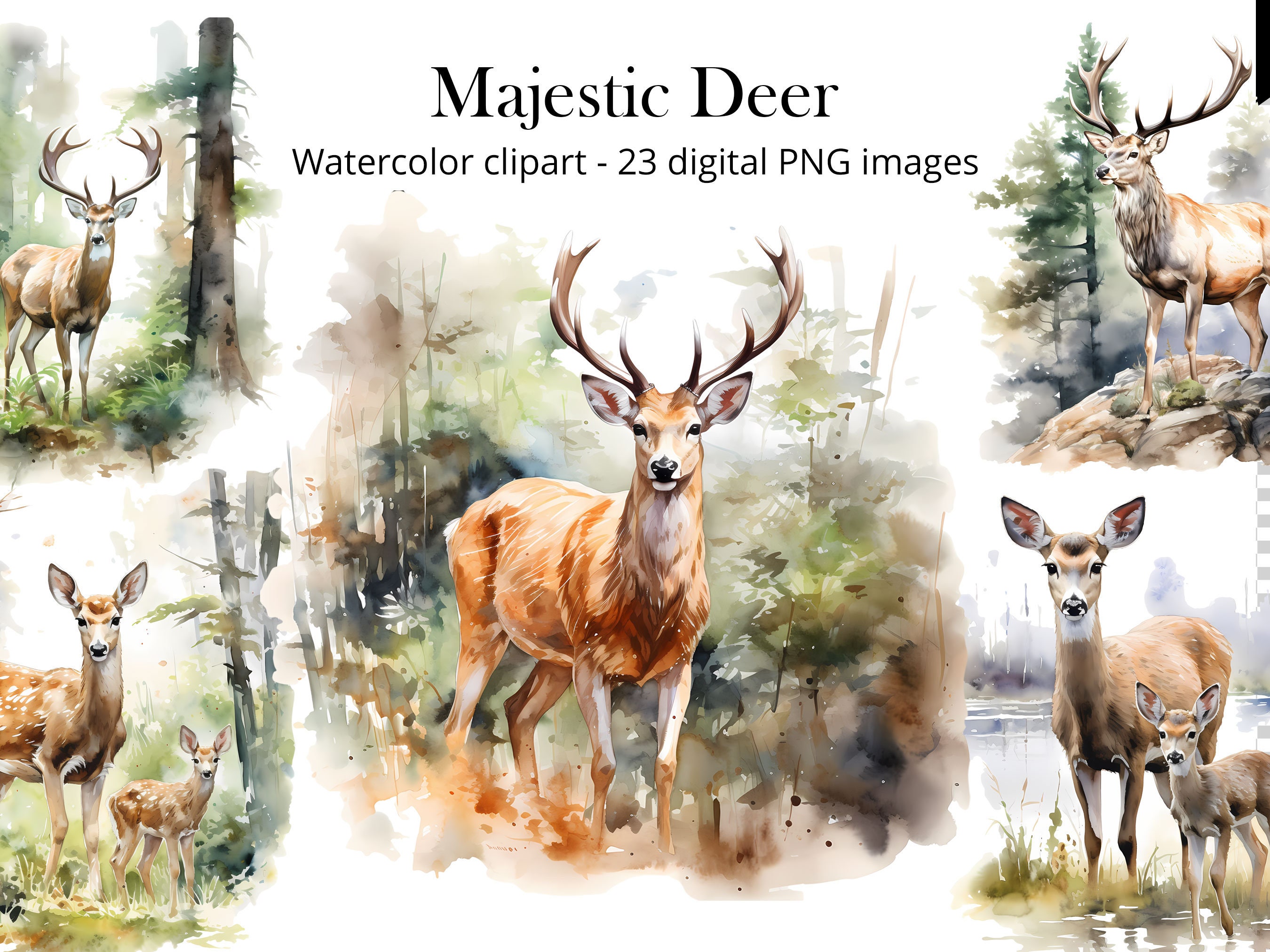 Deer Watercolor Clipart, PNG Clip Art Files, Instant Download for ...