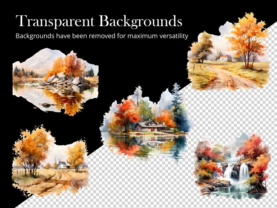 Autumn Scenes Watercolor Clipart, Fall Clip Art, PNG Files, Instant ...