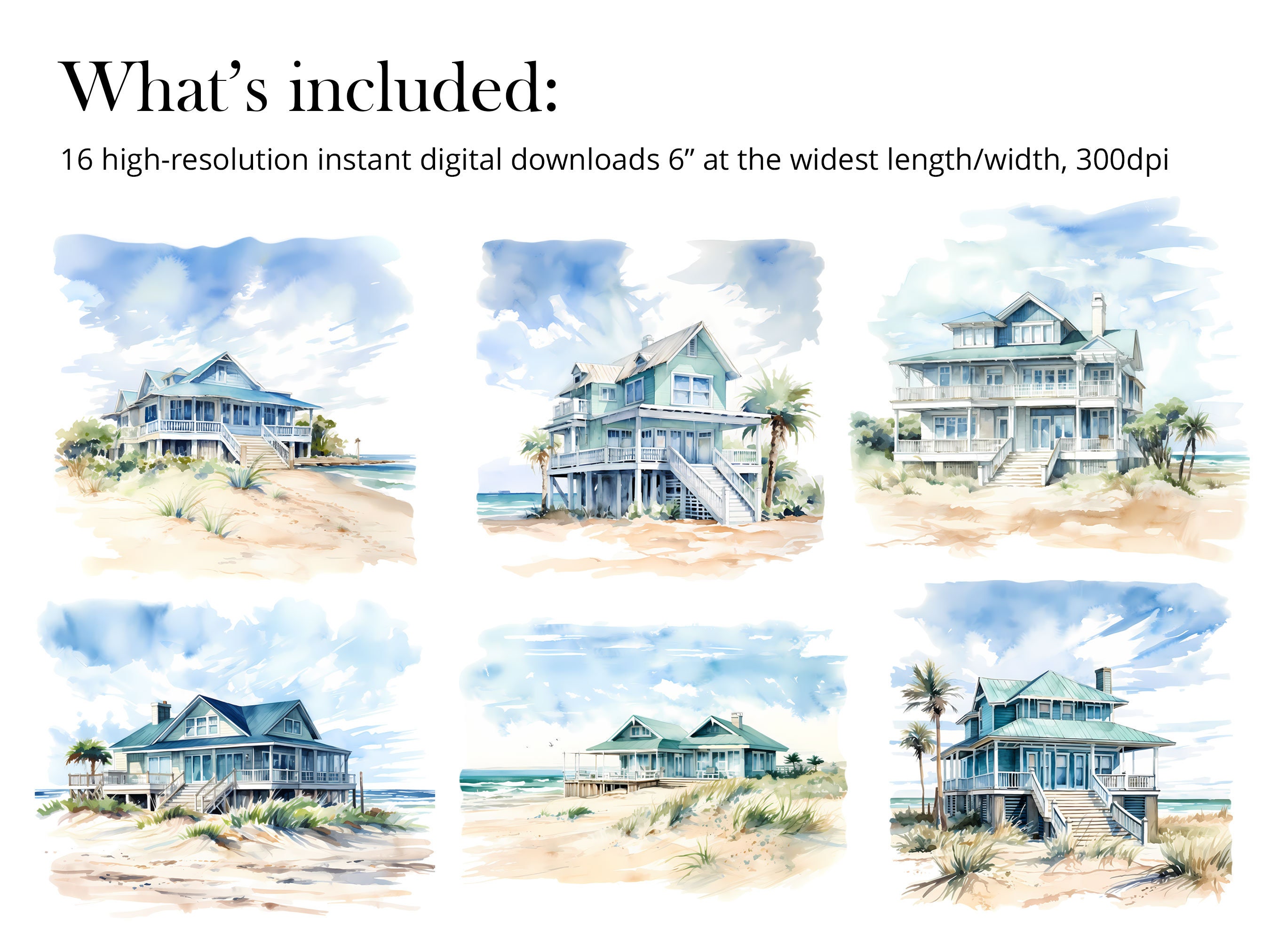 Watercolor Beach House Clip Art, Ocean, PNG Files, Instant Download for ...