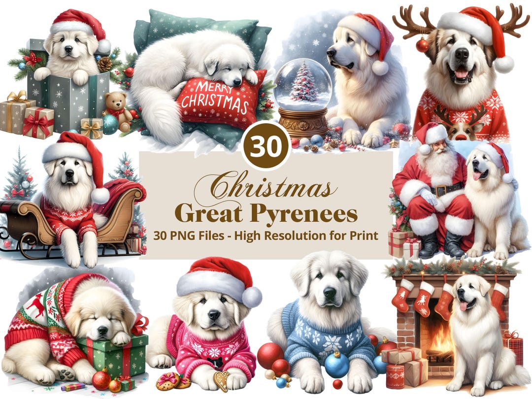 Great Pyrenees Christmas Dog Clipart Bundle – 30 PNG Realistic Dog ...
