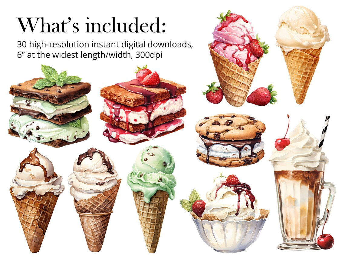 Ice Cream Treats Clipart: 30 PNG Images, Commercial Use (digital ...