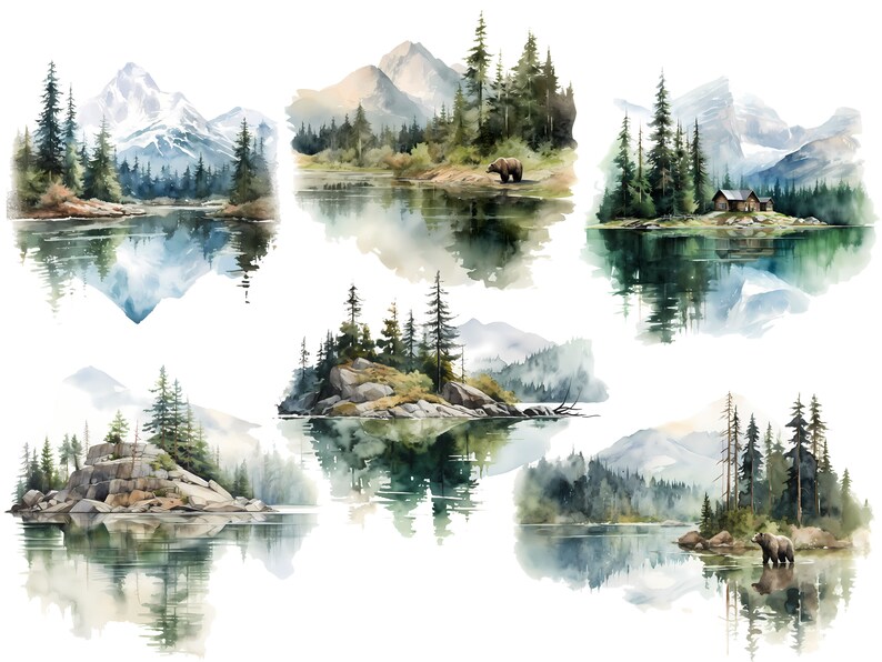 Mountain Lake Pine Tree Clipart: 25 PNG Graphics (commercial Use ...