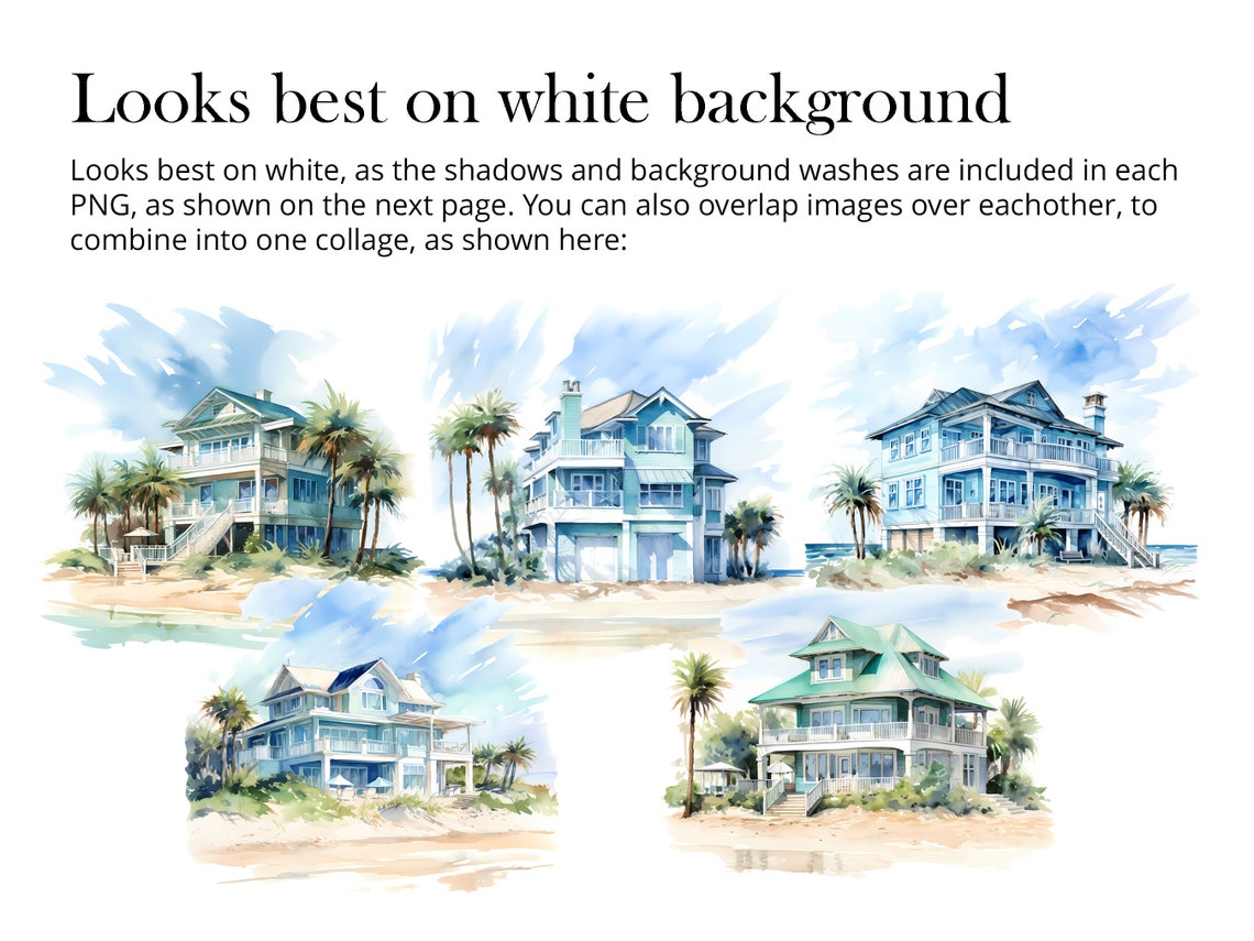Watercolor Beach House Clip Art, Ocean, PNG Files, Instant Download for ...