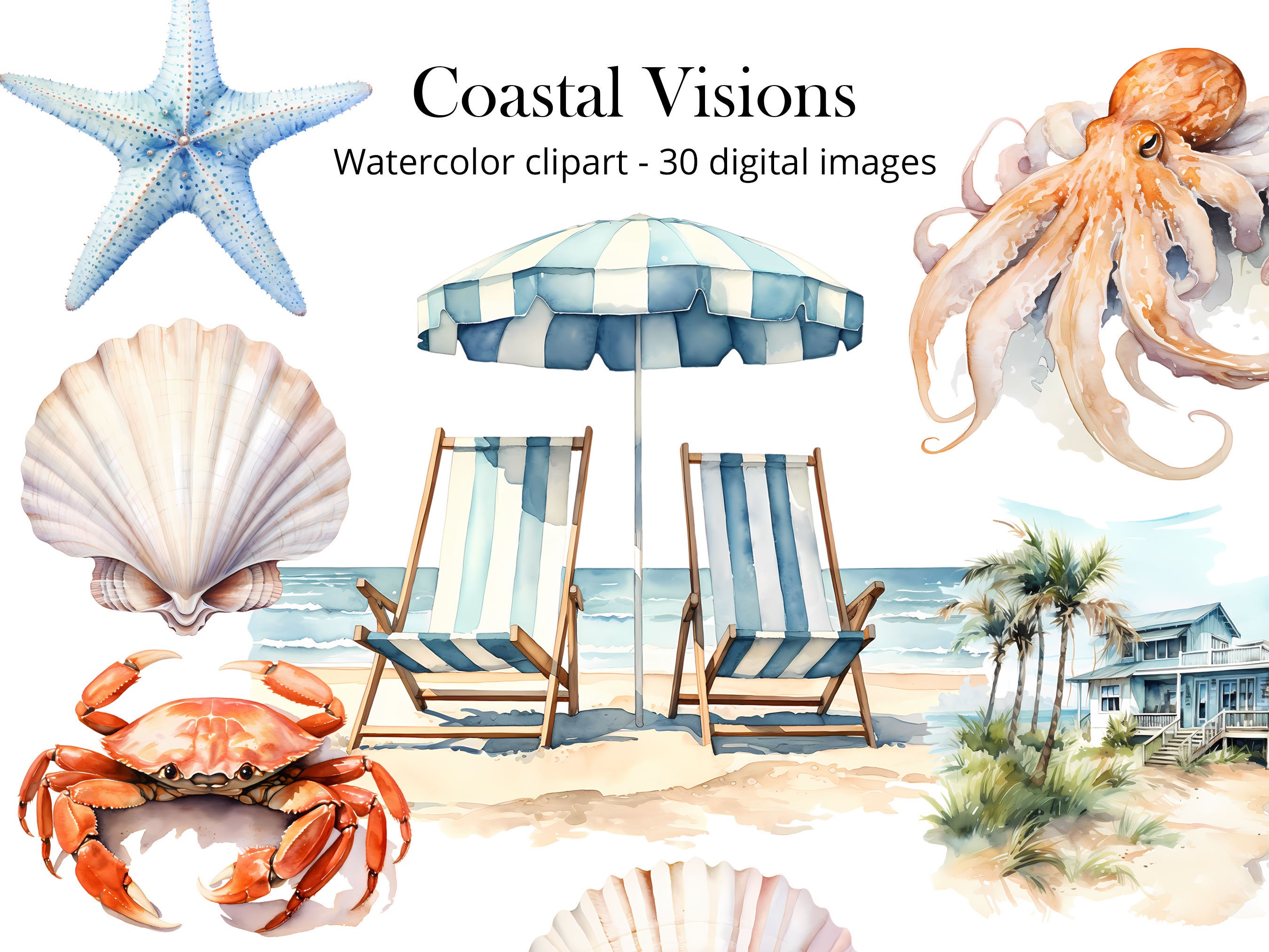 Beach Clipart, Coastal Clipart, Watercolor Style PNG Files, Instant ...