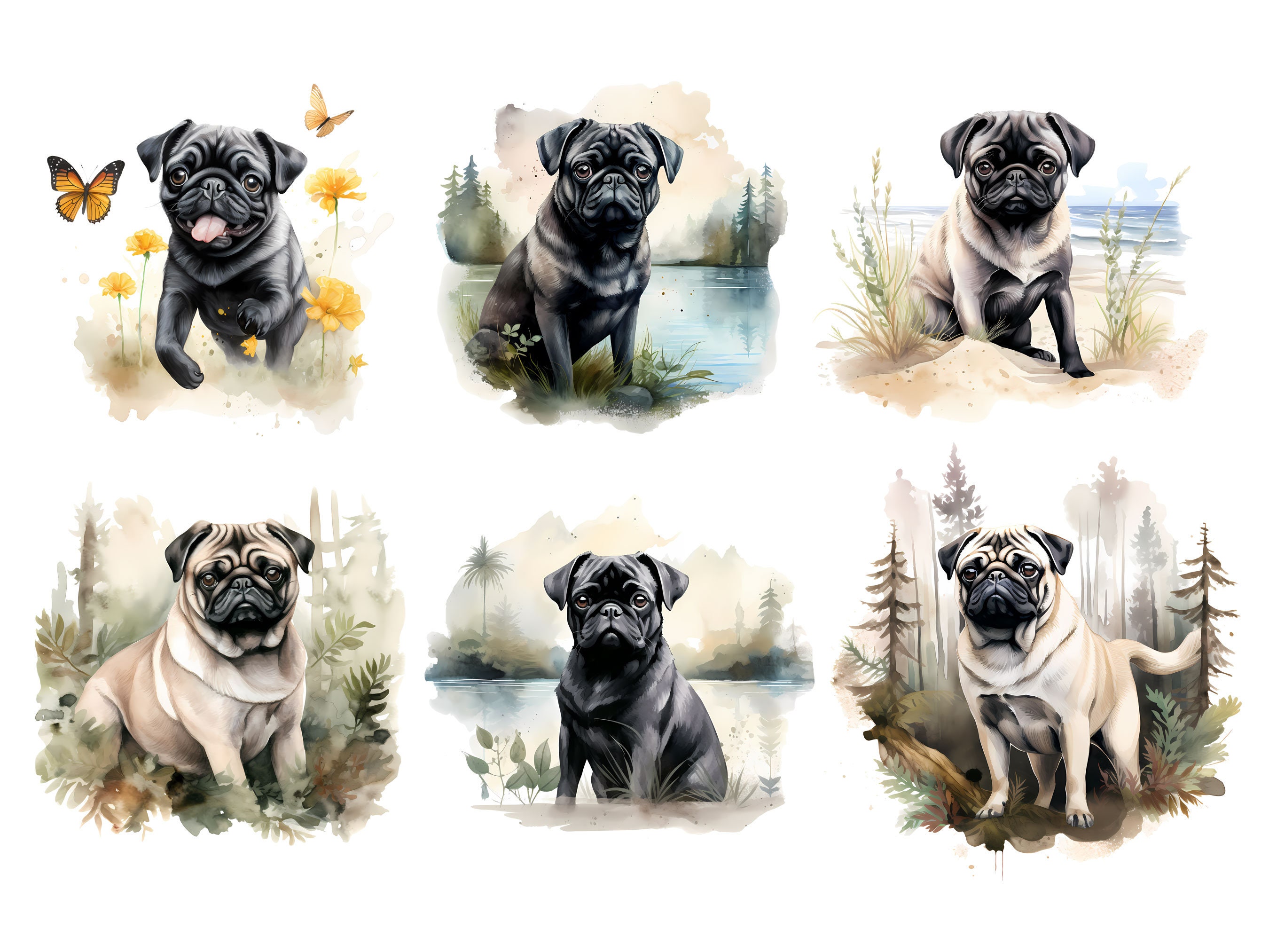 Dog Clipart, Pug Clip Art PNG Files, Transparent Background, Instant ...