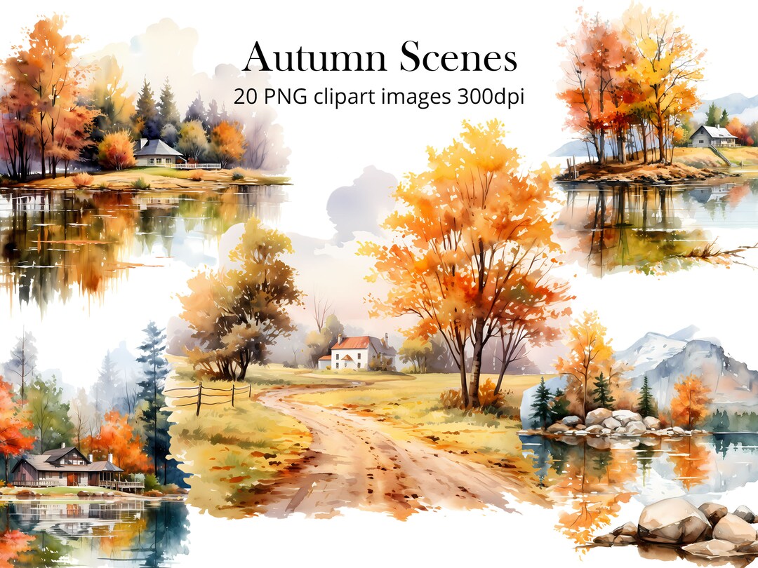 Autumn Scenes Watercolor Clipart, Fall Clip Art, PNG Files, Instant ...