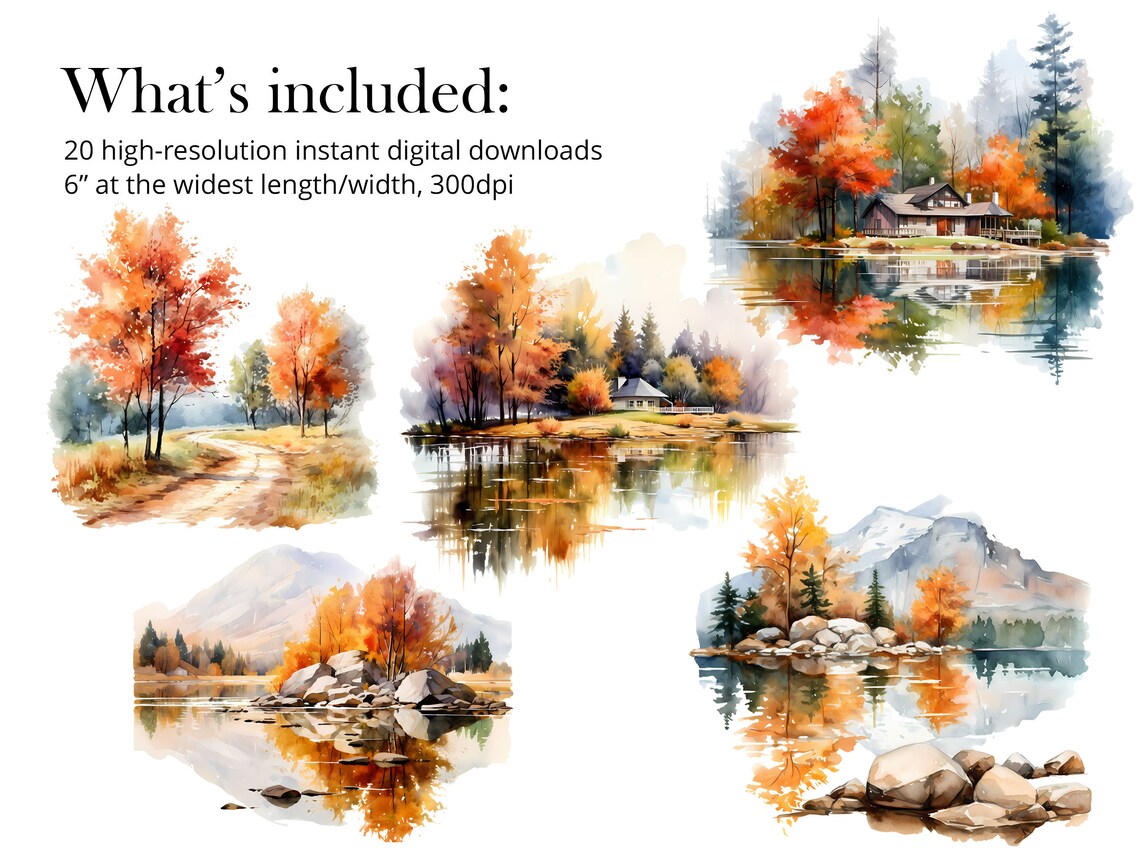 Autumn Scenes Watercolor Clipart, Fall Clip Art, PNG Files, Instant ...