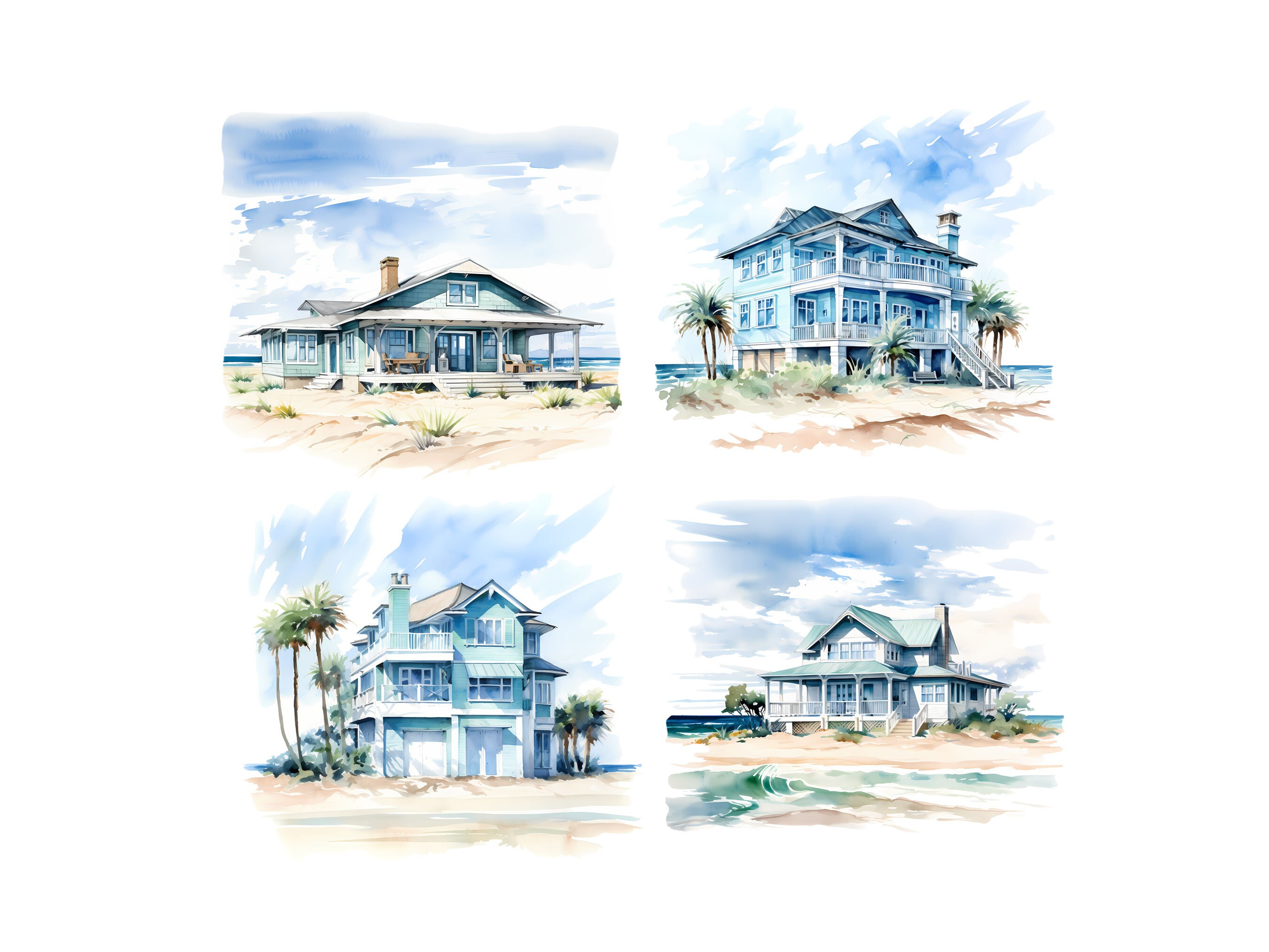 Watercolor Beach House Clip Art, Ocean, PNG Files, Instant Download for ...