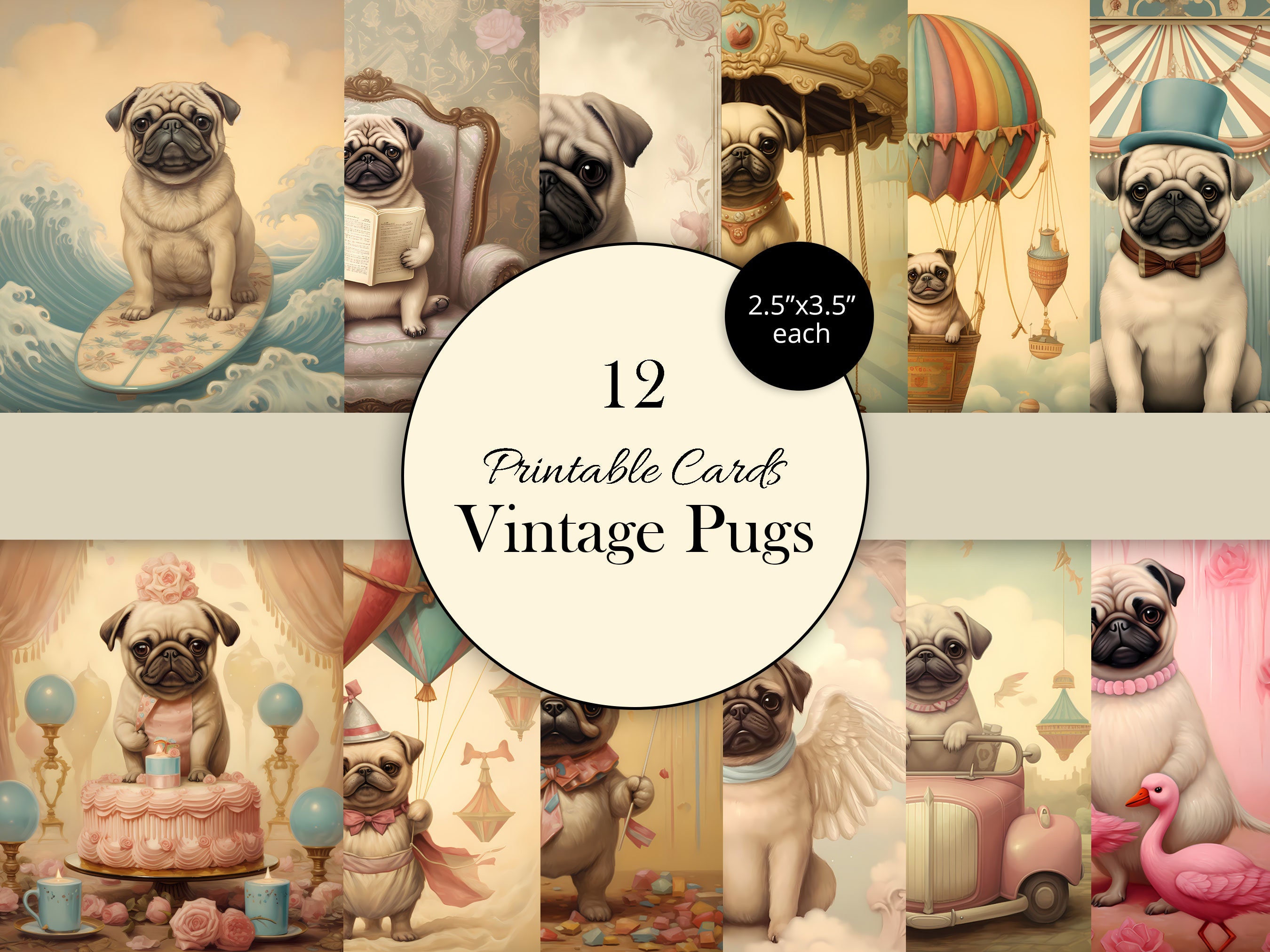 Pug ATC Cards, ATC Cards Digital Download Ephemera, Junk Journal Cards ...