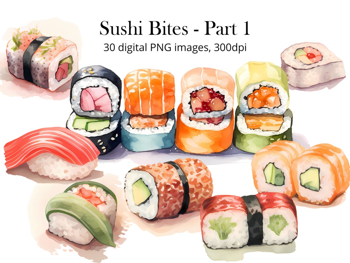 Sushi Clipart, Watercolor Clip Art, Instant PNG Downloads for ...
