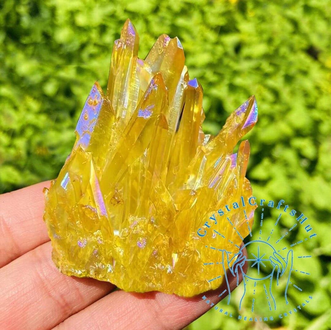 Raw Yellow Titanium Rainbow Aura Quartz Crystal Cluster Mineral ...