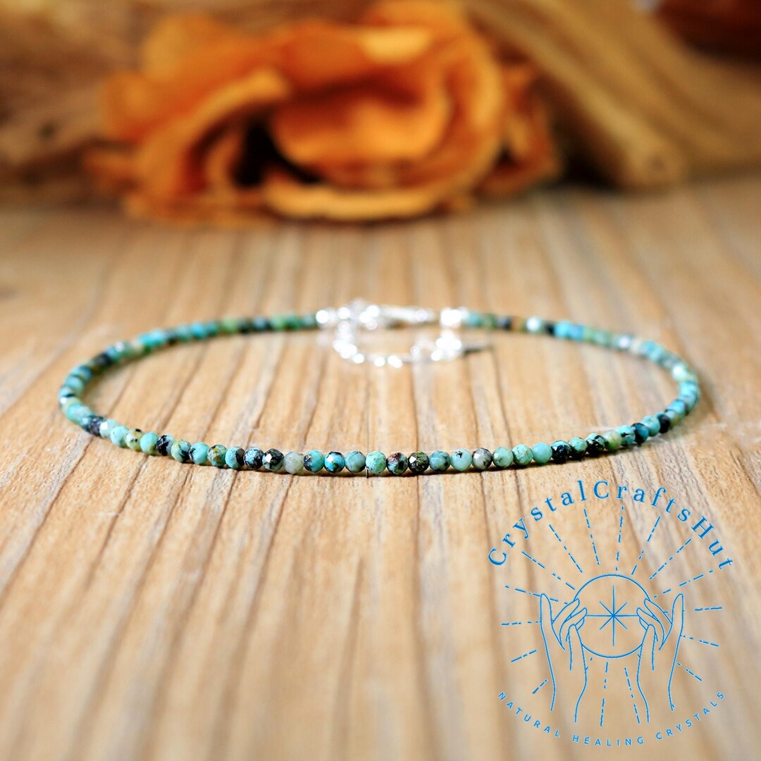African Turquoise Anklet, 3mm Green Turquoise Beaded Ankle Bracelet, 8. ...