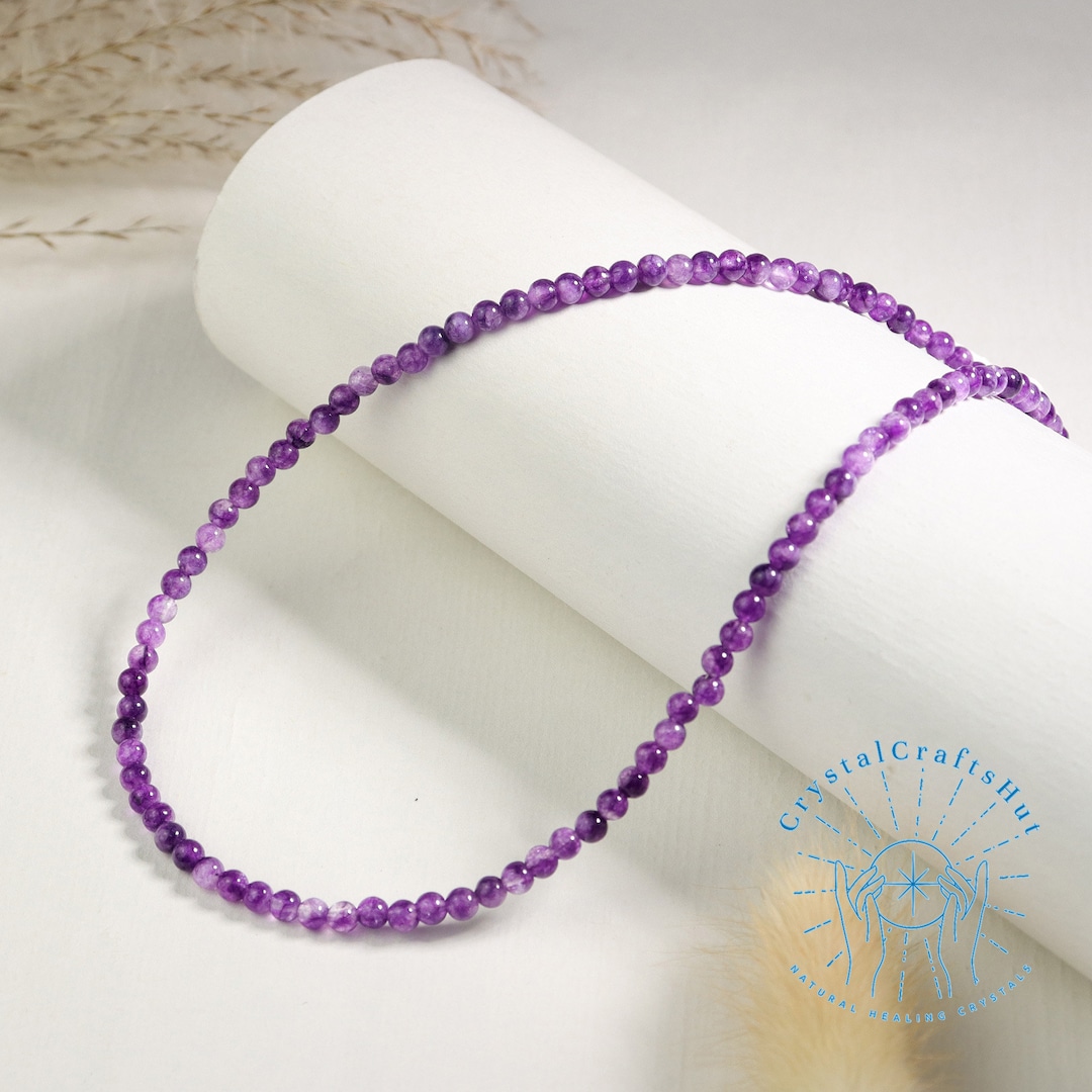 Women's Amethyst Delicate Necklace 3mm Tiny Purple Crystal Beaded Dainty Choker Amethyst Choker ...