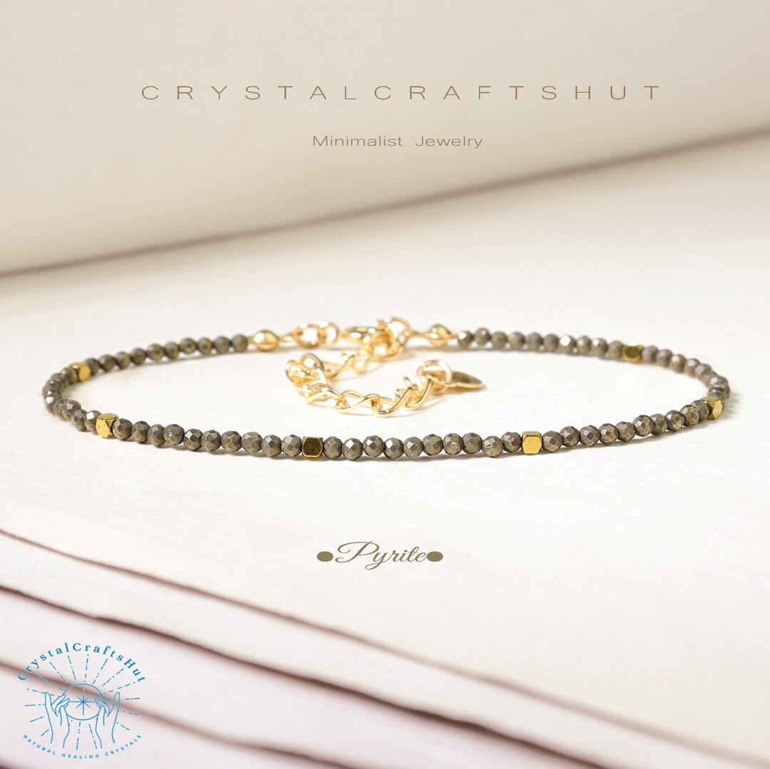 Natural Pyrite Minimalist Bracelet 2MM Pyrite Gemstone Beaded Delicate ...