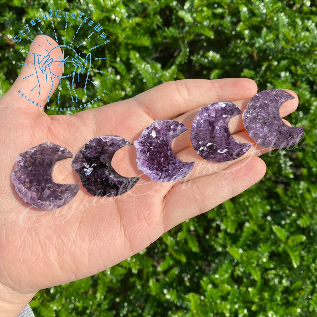 Raw Amethyst Crystal Moon Druzy Crescent Moon Decor AA+ Natural Purple ...